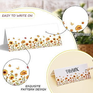Whaline 100Pcs Fall Place Cards Orange Sunflower Maple Leaves Tented Cards Autumn Watercolor Floral Seating Cards for Thanksgiving Harvest Party Table Setting Supplies, 4 x 1.8 in