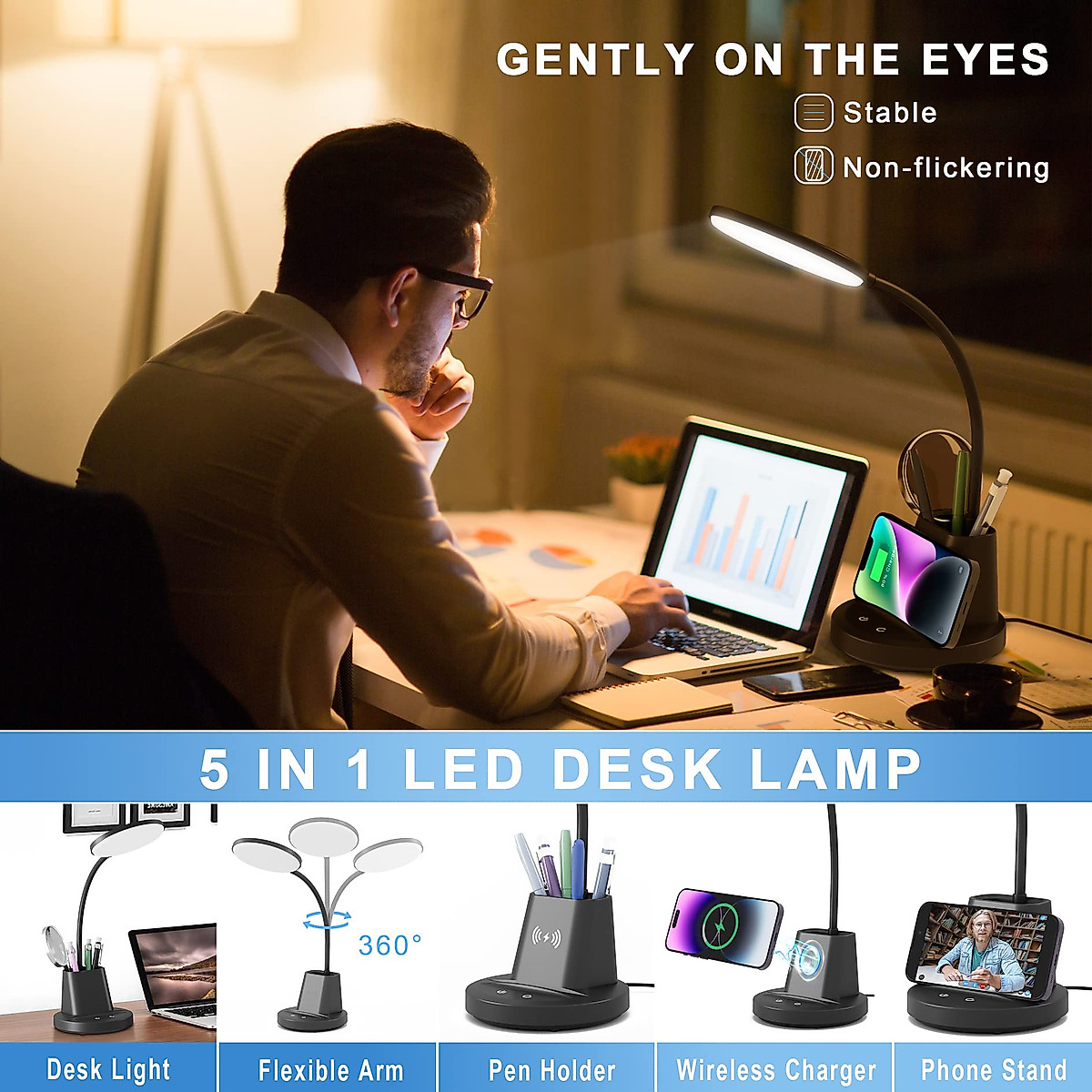 Sailstar Desk Lamp, Desk Lamps for Home Office with Wireless Charger & Pen Holder, 800 Lumens Gooseneck 3 Modes Dimmable Touch Circular LED Desk Light, Small Desk Lamp for College Dorm Room, Black