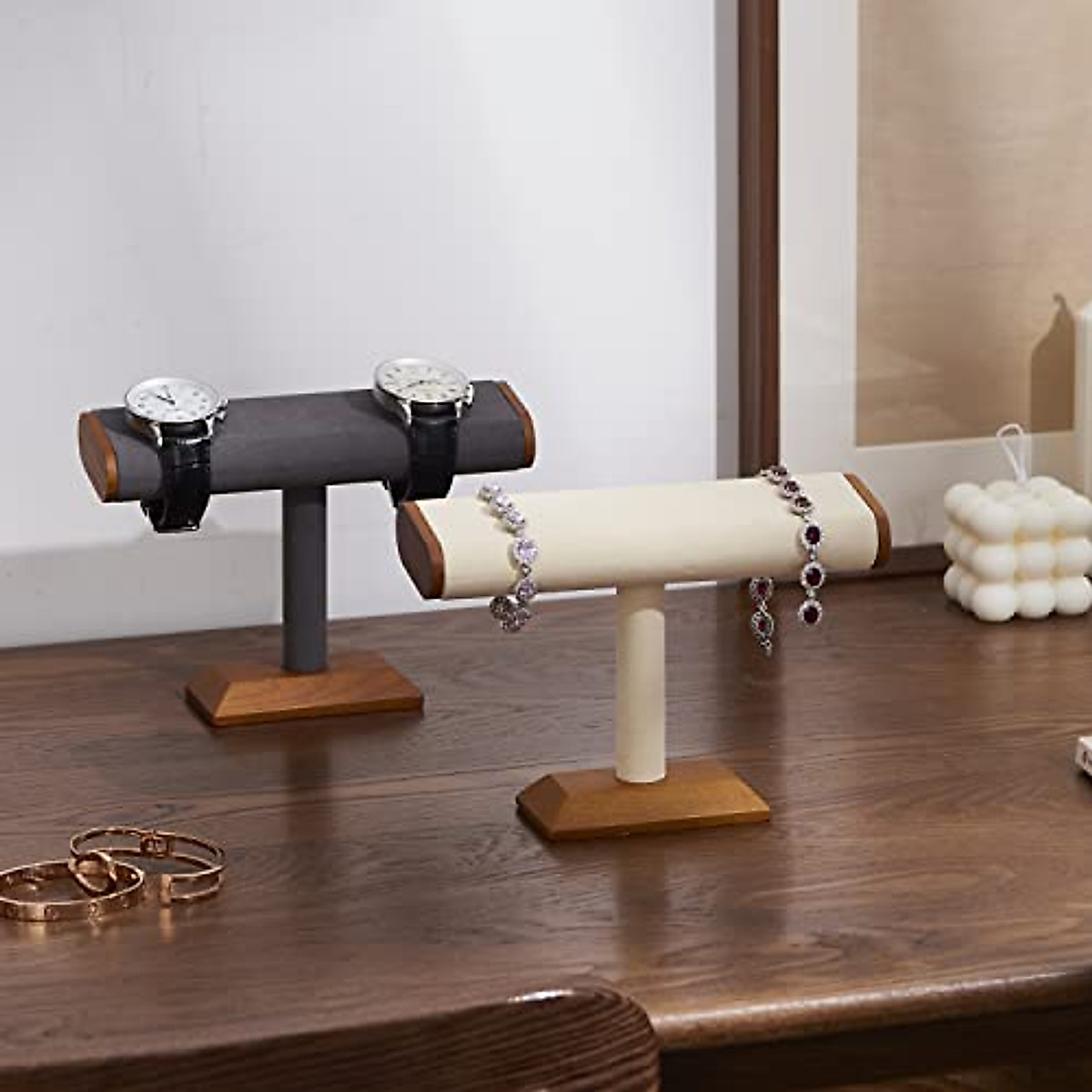 Oirlv Solid Wood T-Bar Watch Display Stand Jewelry Organizer Holder for Watch Bracelet Countertop Table Top Jewelry Tower(Creamy-white)