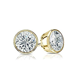 14k Yellow Gold Bezel-set Round Diamond Stud Earrings (3/4cttw, Good, I1-I2, IGI Certified) Screw-backs by Diamond Wish