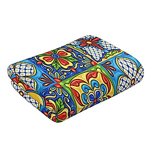 Mexican Talavera Ceramic Tile Pattern Ethnic Folk Premium Extra Soft Bath Hand Towels Washcloth for Home/Beach/Yoga 27.5 X 16 Inches