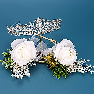 AOPRIE Corsage and Boutonniere Set Tear Drop Gemstone Tiara and Crown for Women Bride Flower Wristlet Band Bracelet of Wedding Accessories Man Suit Decorations Favor Gift