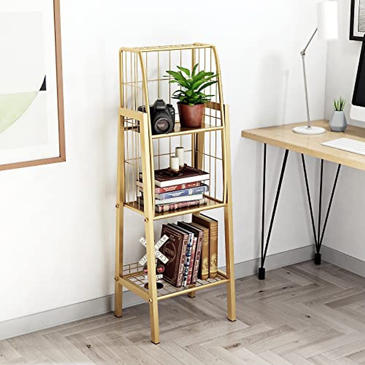 DOORXIFO Modern Gold Bookcase Freestanding,Heavy Duty Metal Gold Bookshelves Organizer for Bedroom Home Office,Gold Storage Rack Book Rack.
