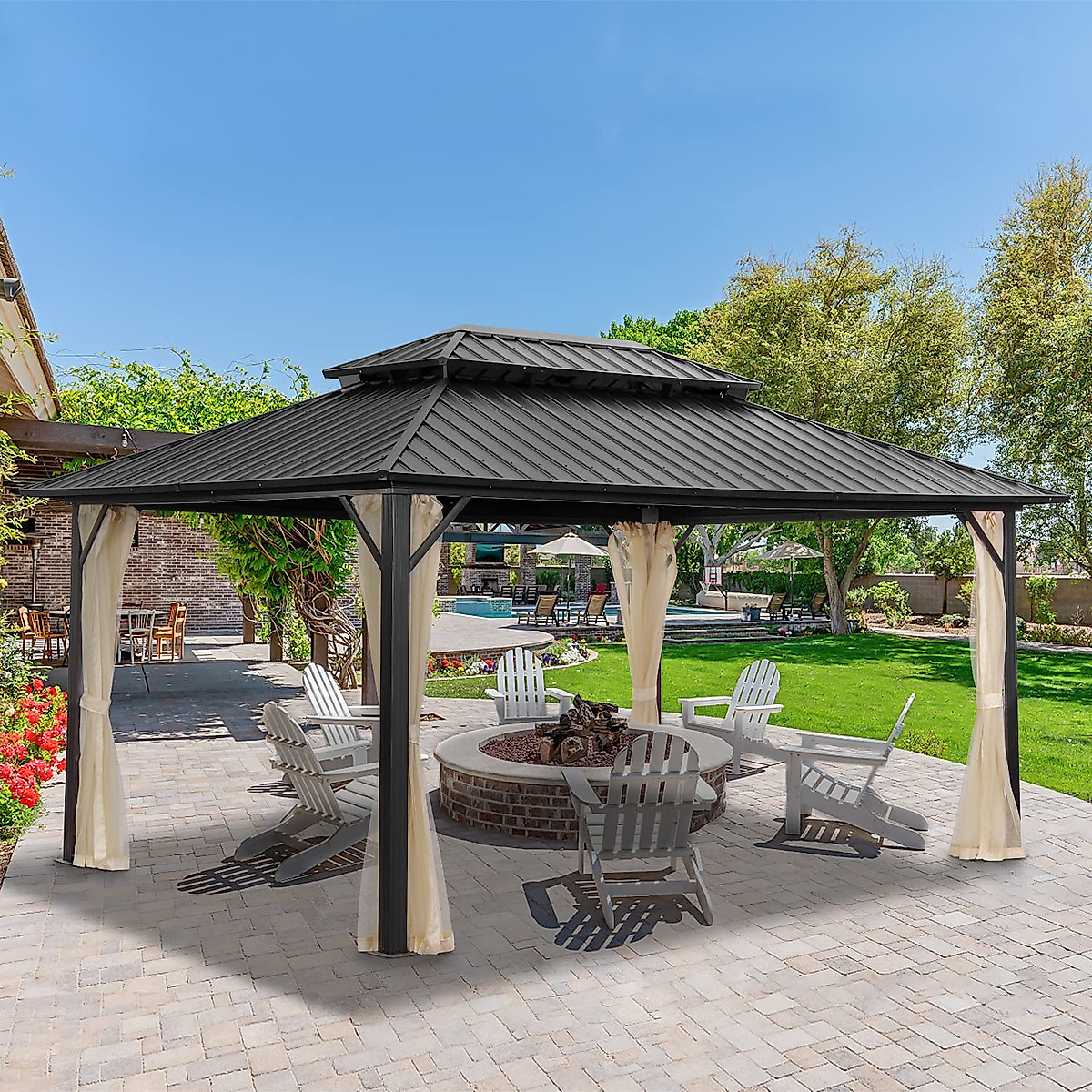 10X 12Ft Hardtop Gazebo Outdoor Gazebo Canopy Double Vented Roof Galvanized Steel Pergolas Aluminum Frame with Netting for Garden,Parties,Lawns and Patio