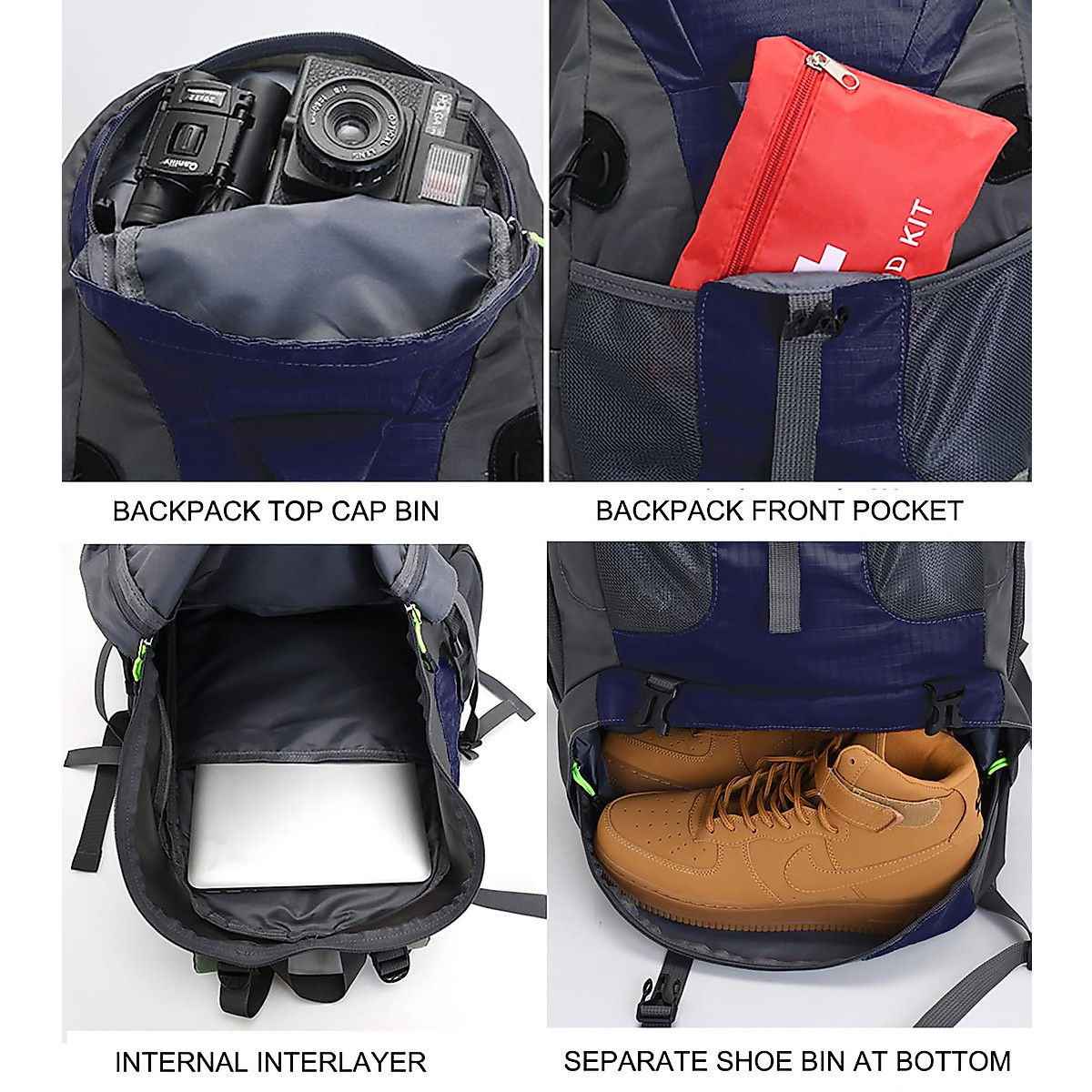 Bseash 50L Hiking Backpack, Water Resistant Lightweight Outdoor Sport Daypack Travel Bag for Camping Climbing Skiing Cycling (Dark Purple - With Shoe Compartment)