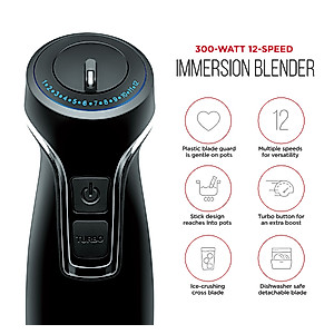 Chefman Immersion Blender 300-Watt Turbo 12 Speed Stick Hand Blender, Powerful Ice Crushing Design Purees Smoothies, Sauces & Soups, Detachable Heat Resistant Plastic Blade Guard Protects Pots, Black