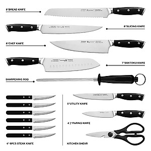 ROMANTICIST Knife Set 16-Piece Kitchen Knife Set,German Stainless Steel Sturdy Durable Kitchen Knives, Razor Sharp,Knife Set with Block,Cutting Board and Knife Sharpner Black Knife Set