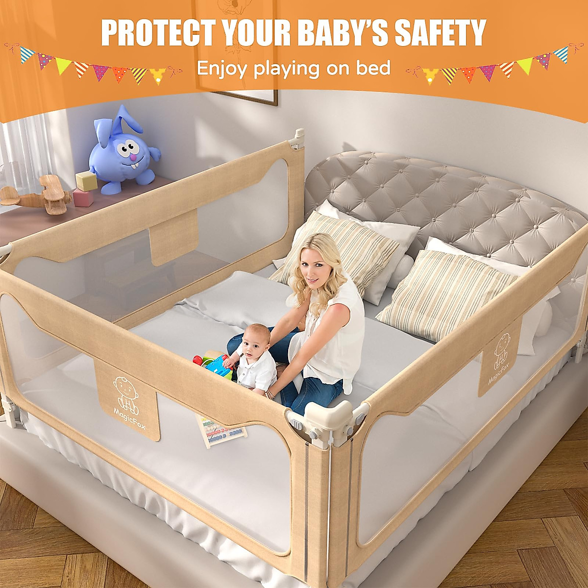 MagicFox Bed Rails for Toddlers, Extra Tall 32 Levels of Height Adjustment Specially Designed for Twin, Full, Queen, King Size - 2024 Safety Bed Guard Rails for Kids (Khaki, 1 Side:74.8"(L) ×27"(H))