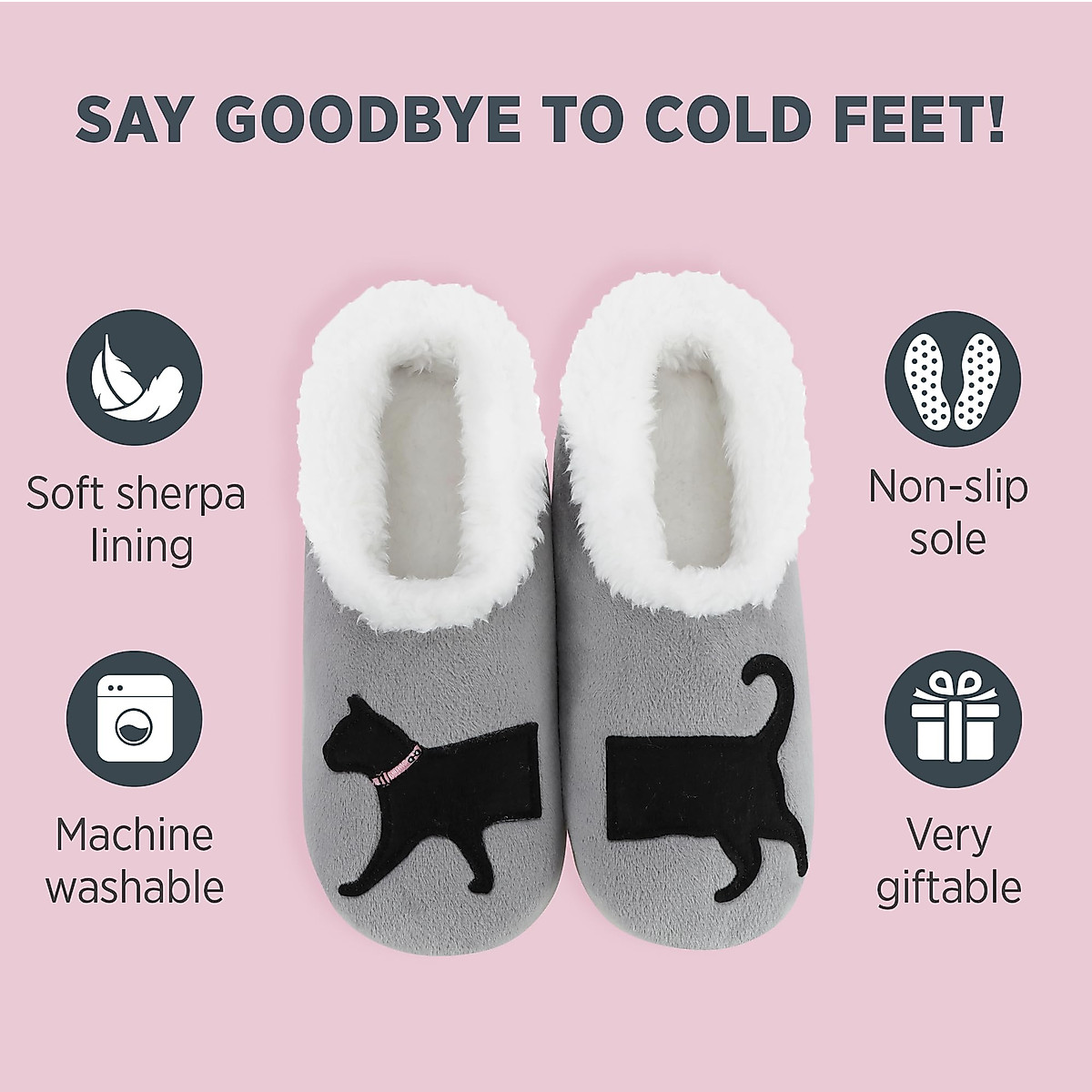 Snoozies Pairable Slipper Socks - Funny House Slippers for Women, Non-Slip Fuzzy Slipper Socks - Black Cat - Medium