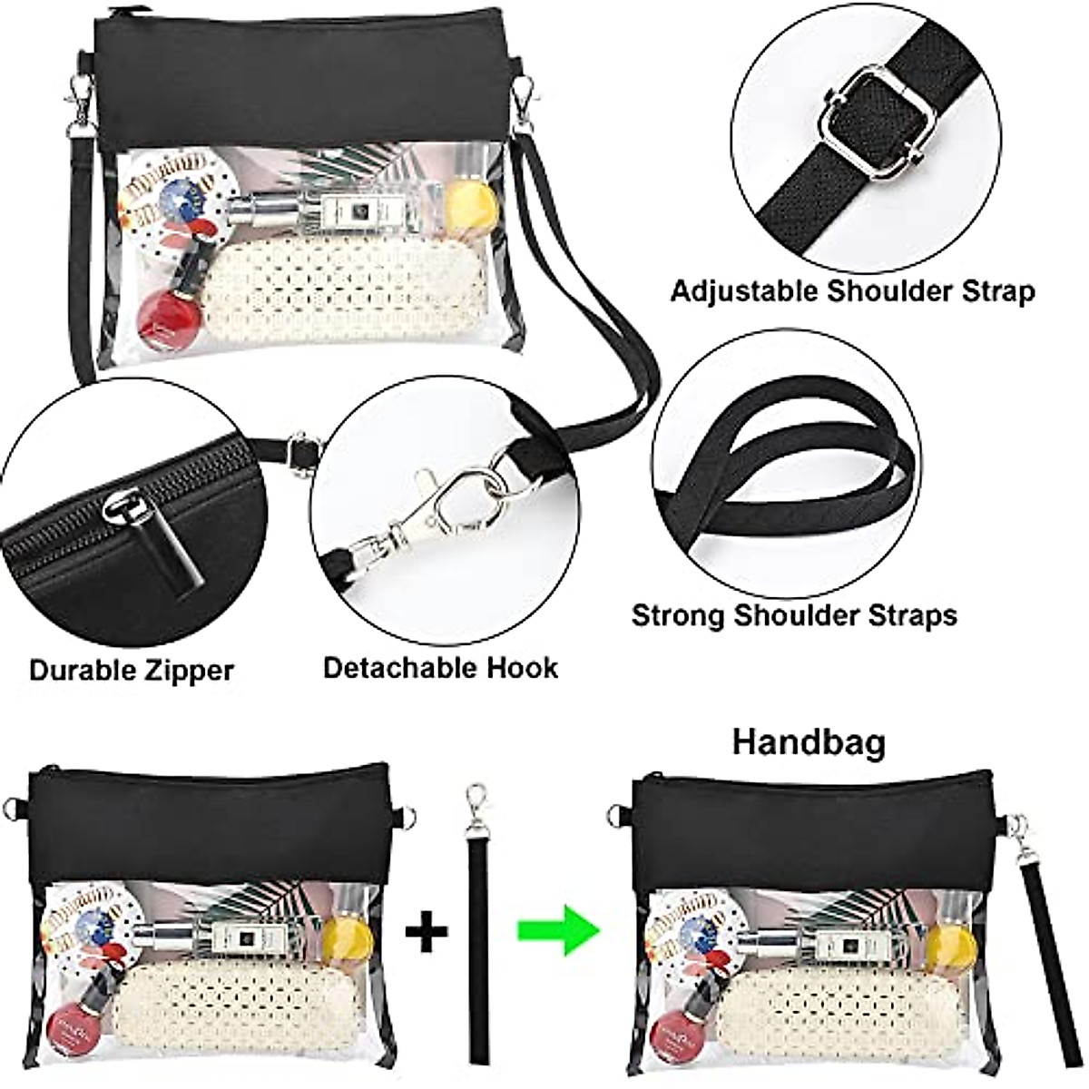 JULMELON Clear Bag Stadium Approved 2 Pack Vinyl Bags Adjustable Clear Crossbody Bag Stadium Approved with Zipper Clear Purse
