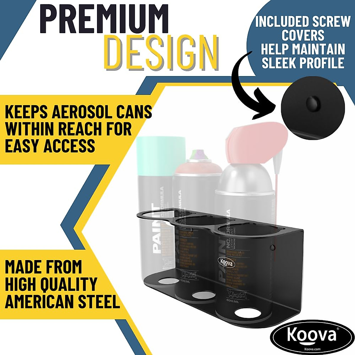 Koova 3 Aerosol Spray Can Holder | Easy Install Wall Mount | Heavy-Duty Powder Coated Steel Storage Rack for Garage & Home | Craft Workspace Paint Bottle Organizer | Hardware Included | USA Made