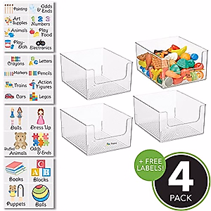 mDesign Plastic Open Front Toy Storage Organizer Bin for Playroom, Nursery, Kids Closets; Holds Action Figures, Crayons, Building Blocks, Puzzles - Ligne Collection - 4 Pack + 24 Labels - Clear
