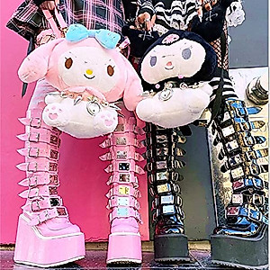 Gothniero Platform Boots Pink Goth Boots Chunky Heel Gothic Holographic Booties Knee High Women Combat Motorcycle Boots with Buckles Size 5-11