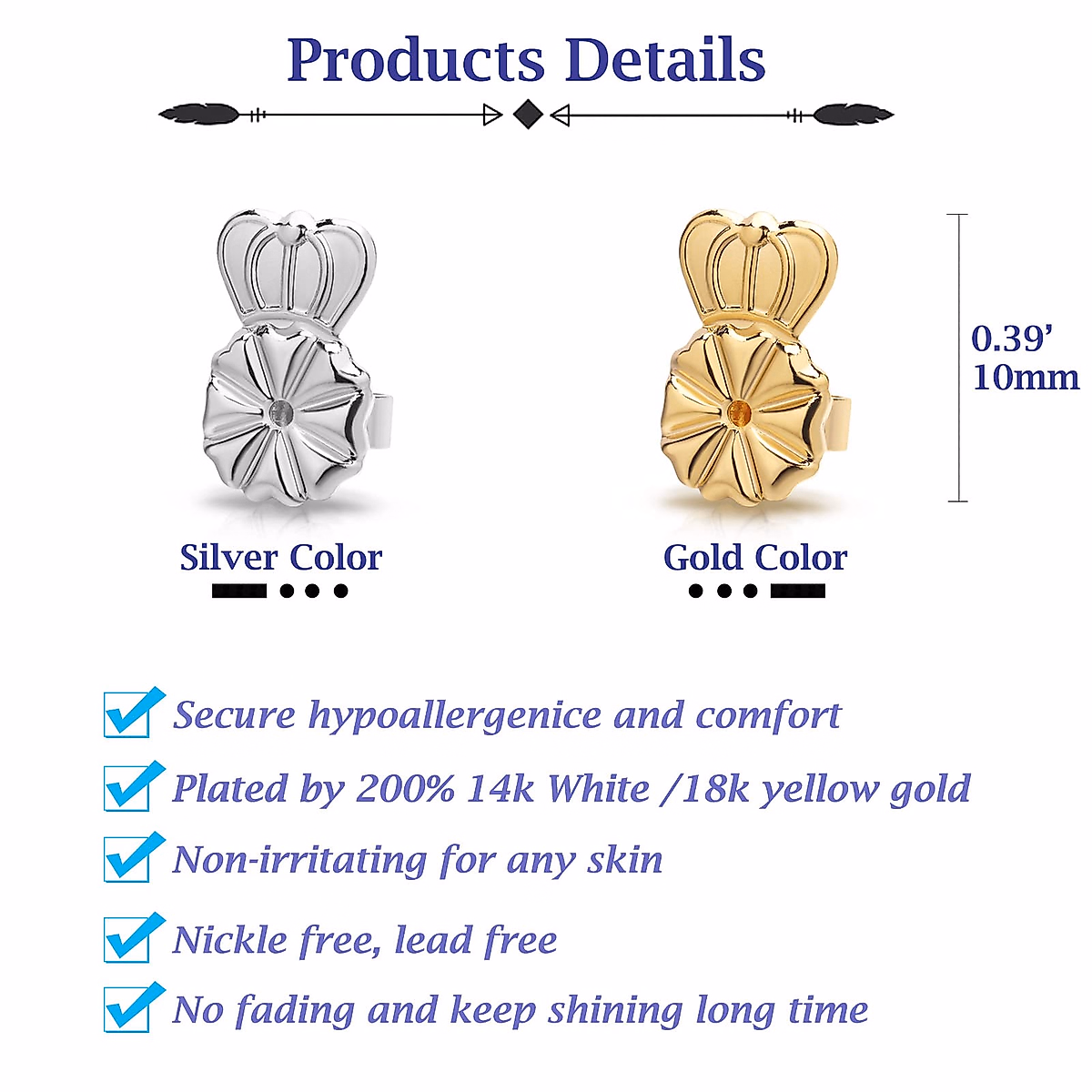 3 Pairs Earring Backs for Droopy Ears,10MM Adjustable Crown Large Earring Backs for Heavy Earring,18K Gold Plated Hypoallergenic Earring Lifters Secure Earring Backs for Studs(White+Gold)