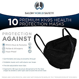 Salon World Safety Black KN95 Protective Masks, Pack of 10 - Filter Efficiency ≥95%, 5-Layers, Sanitary 5-Ply Non-Woven Fabric, Safe, Easy Breathing