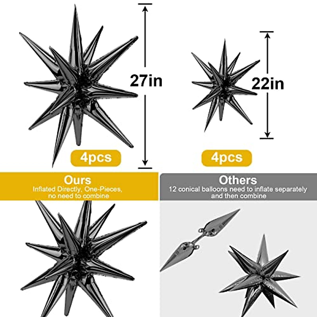 Cadeya 8 Pcs Star Balloons, Huge Black Explosion Star Aluminum Foil Balloons for Birthday, Baby Shower, Wedding, Bachelorette Party, Black Party Decorations Supplies