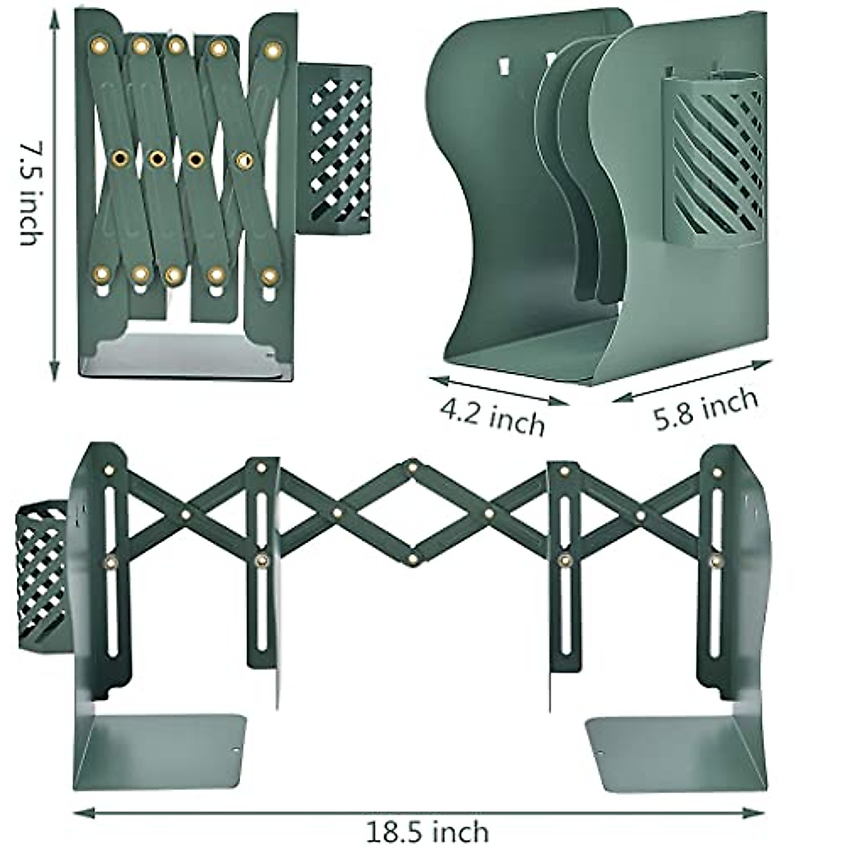 Citmage Adjustable Bookends 3 Compartments Decorative Metal Book Holders Heavy Duty Expandable Book Stand Organizer Magazine File Book Racks for Desk, Shelf, Office, Stationery Gift(Green)