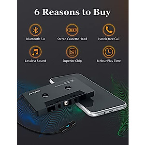 Arsvita Bluetooth 5.0 Cassette to Aux Adapter for Car, Tape Audio Adapter, Hands-Free Call, Charcoal Black