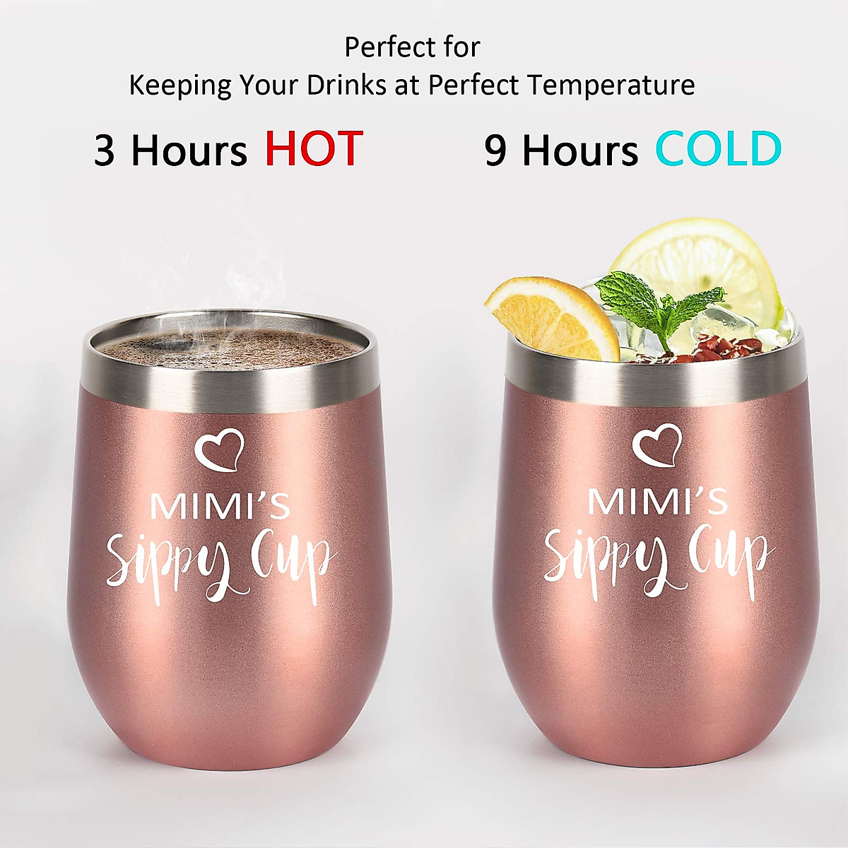 Mimi Gifts for Grandma, Mimi’s Sippy Cup Wine Tumbler with Lid and Straw, Funny Birthday Christmas Gifts for New Grandma, Mimi, Grandmother, Mom, 12 Oz Insulated Stainless Steel Tumbler, Rose Gold