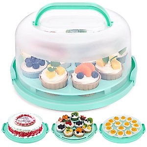 HANSGO Cake Carrier with Lid and Handle, 12x6inch Green Cake Container, Portable Fits 10 inch Cake, 3-in-1 Multipurpose Cake Keeper Holder Platter for Cupcake Devil Eggs Cake Dishwasher Safe