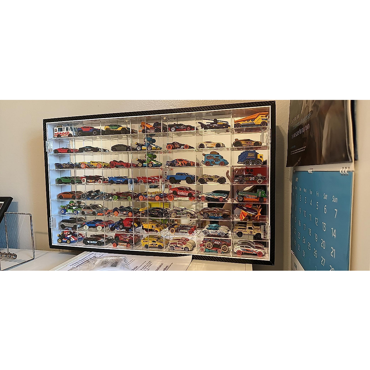 DisplayGifts 1/64 Scale Toy Cars Hot Die-cast Wheels Matchbox Display Case Storage Cabinet Shelf Rack for 56 Slots - 2 Doors, 23.5 X 15 X 2 inches
