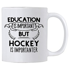 Funny Education Is Important But Hockey Is Importanter 11 oz Coffee Mug. Gift Idea For Players or Sports Fan. (White)