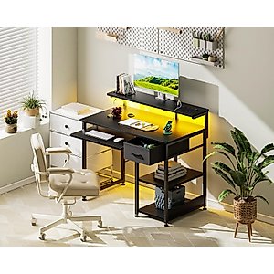 AODK Gaming Desk with LED Lights & Power Outlet, 40 Inch Small Computer Desk with Keyboard Tray, Office Desk with Drawer, Reversible Desk with Adjustable Monitor Shelf and Storage Shelf, Black