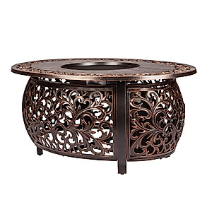 Fire Sense 62198 Toulon Filigree Aluminum Convertible Gas Fire Pit Table 55,000 BTU Outdoor Multi-Functional with Fire Bowl Lid, Nylon Weather Cover & Clear Fire Glass - Bronze Finish - Oval - 48"