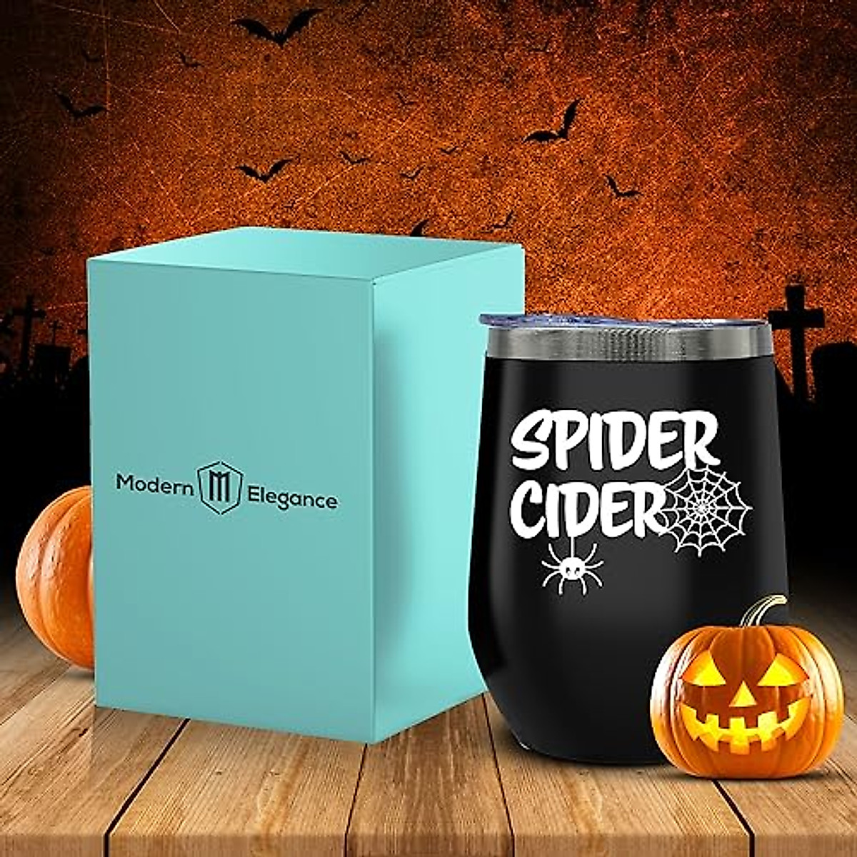 Halloween Tumbler Stemless Wine Glass – 12Oz Wine Tumbler with Straw - Cute Spider Insulated Steel Tumblers Halloween Cup - Reusable Halloween Mugs (Modern/Black - Spider Cider)