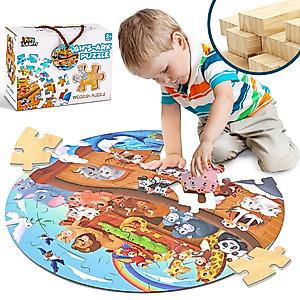 iPlay, iLearn Toddlers Noah's-Ark Wooden Animal Puzzles, Kids Floor Puzzles for Ages 3-5, 4-8, Large 51 Pieces Round Jigsaw Puzzle Educational Toys, Birthday Gift for 6 7 Years Old Boys Girls Children