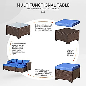 Outdoor Patio Brown Rattan Furniture Set 4 Piece PE Wicker Sectional Sofa Garden Couch with Royal Blue Cushion