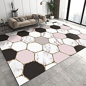 EBOTEB Pink White Black Honeycomb Pattern Rug, Geometric Light Luxury Gold Lines Bedroom Carpet, Fluffy Comfortable Soft with Rubber Backing for Living Room Hotel Hallway Girl Room 2ftx3ft, Style-2