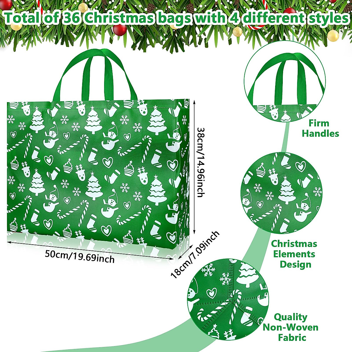 Wesnoy 36 Pcs Extra Large Christmas Gift Bags Giant Tote Bags with Handles 19.69 x 7.09 x 14.96 Inches Reusable Non Woven Jumbo Shopping Bags Xmas Treat Wrapping Bags Party Supplies (Deer)