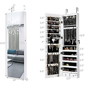 Byroce 47.5''H Jewelry Armoire, Over the Door/Wall Mounted, Full Length Mirror with Jewelry Storage, 2-LED Lockable Jewelry Cabinet with 2 Drawers, Hanging Jewelry Organizer for Bedroom (White)