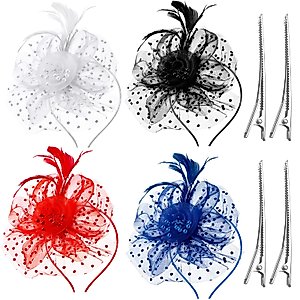 4 Pieces Fascinators Hat Flower Mesh Fascinators for Women Girls Tea Party Wedding Feather Headband Cocktail Hair Clip