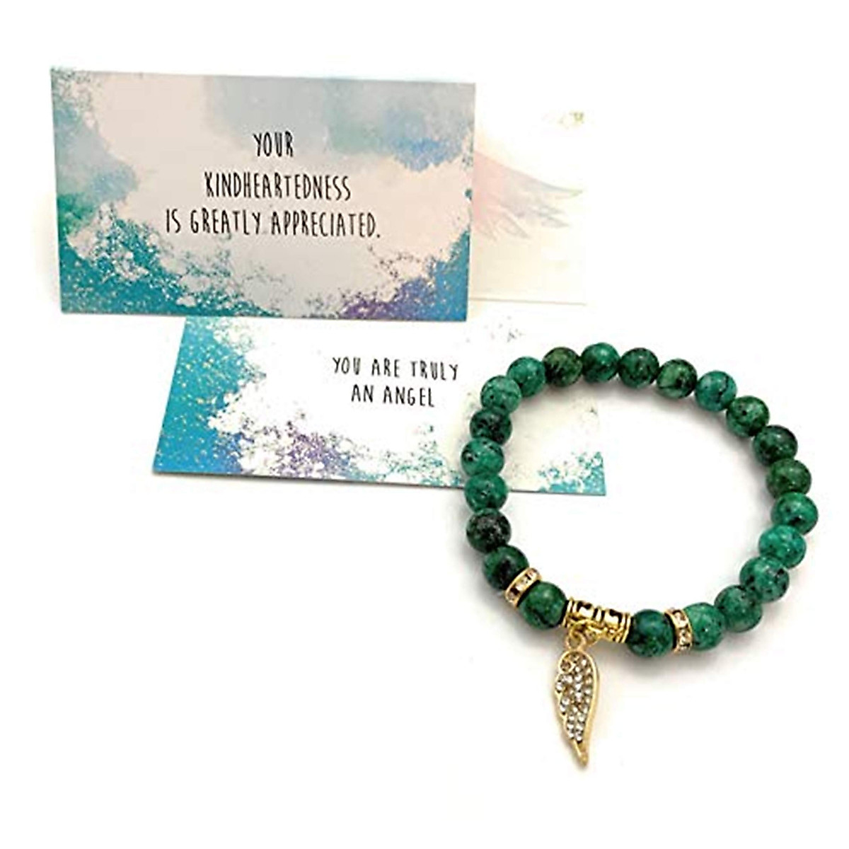 Smiling Wisdom - Angel Wing Appreciation Kindhearted Thank You Keepsake Greeting Card and Stretch Stone Bracelet - Green Rain Flower Stones - 7.5 inches Medium