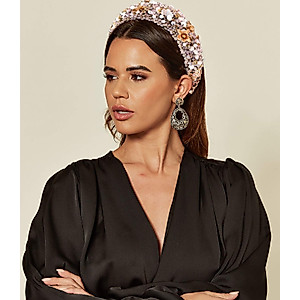 GLBCC Crystal Padded Headband for Women Handmade Pink Acrylic Beaded Headband Boho Small Flower Embellished Hair Band Black Velvet Hair Hoop (pink headband)