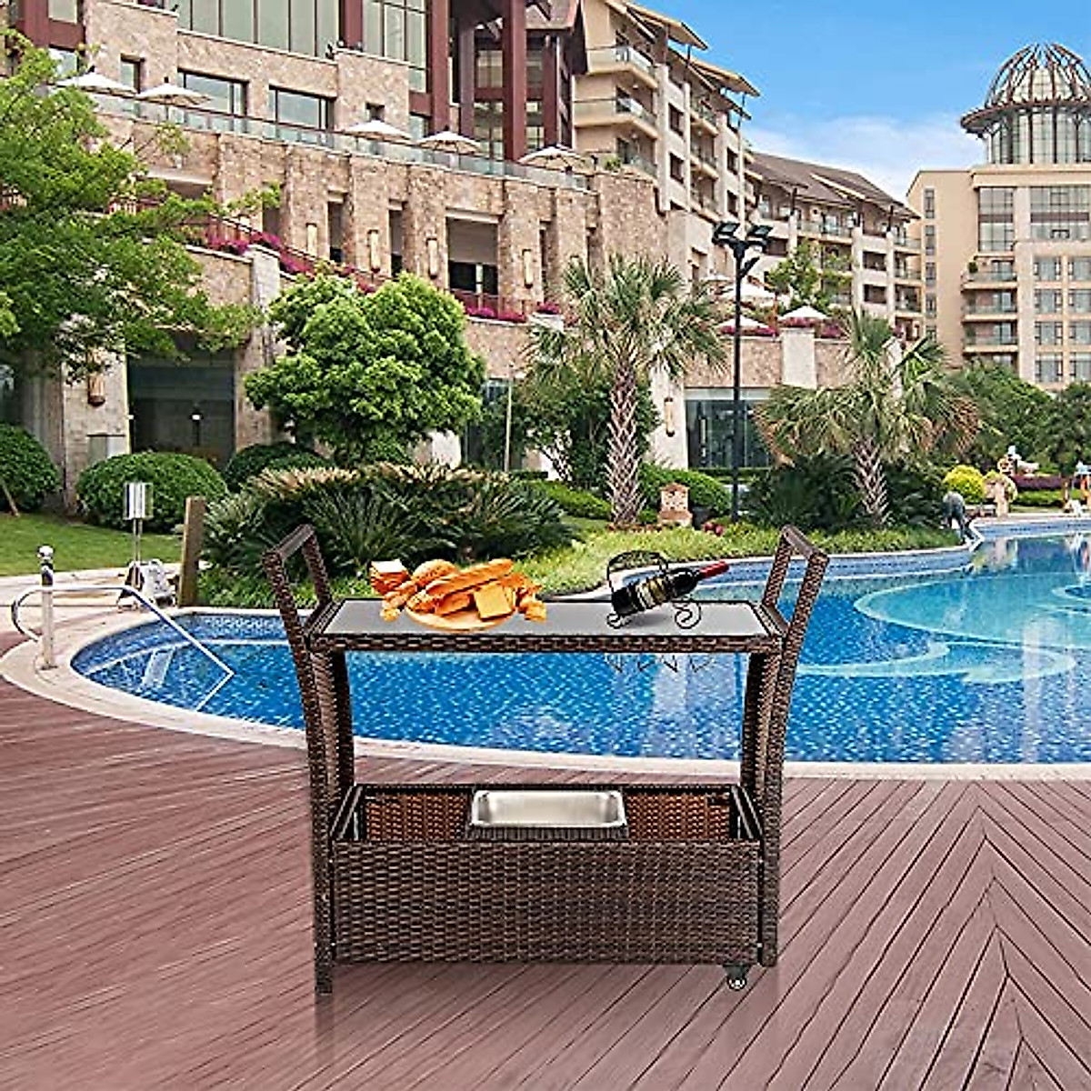 LIRUXUN Outdoor Patio Furniture Set Outdoor Patio Wicker Rattan Serving Bar Cart with Ice Bucket Wine Rack Brown