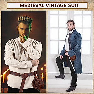 Xtinmee 4 Pcs Halloween Men Renaissance Costume Set Medieval Pirate Viking Costume Shirt Pant Belt Bag(Black, Beige Coffee,Large)