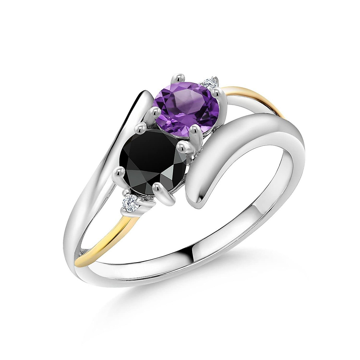 Gem Stone King 925 Sterling Silver and 10K Yellow Gold Purple Amethyst and Black Onyx Ring For Women (0.97 Cttw, Round 5MM, Gemstone Birthstone, Available In Size 5, 6, 7, 8, 9)