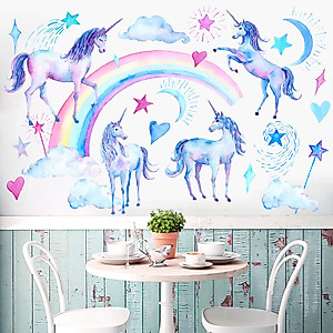 Wajade Unicorn Wall Decals, 2 Sheets Unicorn Rainbow Peel and Stick Wall Stickers Removable Wall Decor for Girls Kids Bedroom Nursery Playroom Decor