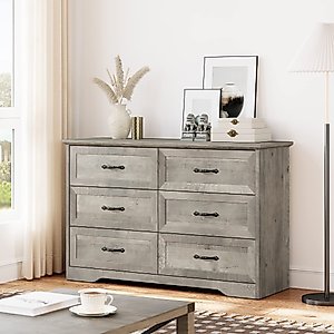IDEALHOUSE Dresser for Bedroom with 6 Drawers, Wood Drawer Dresser Chest of Drawers for Closet, Living Room, Hallway, Nursery, Kids Bedroom, Grey