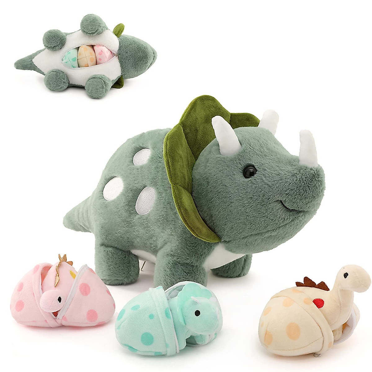 Karister 17.6in Plush Dinosaur Stuffed Animals,A Mommy Dinosaur with 3 Baby Dinosaurs,Triceratops, Tyrannosaurus Rex and Diplodocus.
