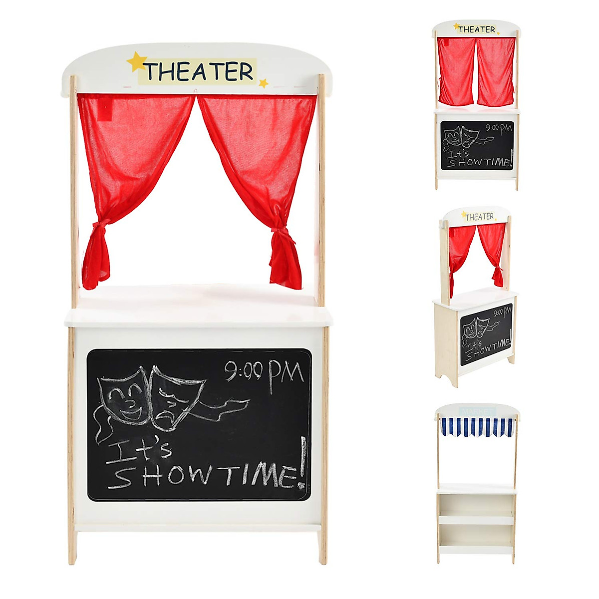 labebe - Wood Puppet Theater, Flannel Curtain Puppet Stage Theater, 2-Sided Tabletop Puppet Stage Chalkboard, 2-in-1 Puppet Theater Reversible Play Store, Multi-Function Theater for Ages 3 and up