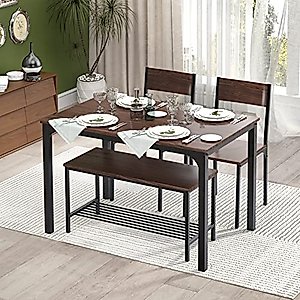 SogesHome 4 Piece Kitchen Dining Room Table Sets for 4, Modern Wooden Table with 2 Chairs and a Long Bench, Space-Saving Table Set for Restaurant, Coffee Shop