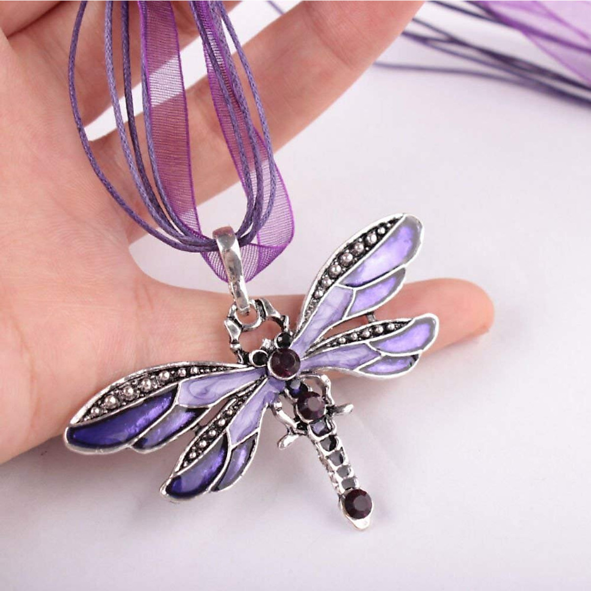 Tvoip Fashion Creative Bohemian Jewelry Ethnic Multi-layer Chain Colorful Enamel Dragonfly Pendant Necklace (Purple)