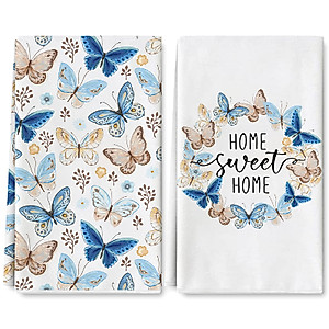 AnyDesign Butterfly Kitchen Dish Towel 18 x 28 Watercolor Butterfly Dishcloth Home Sweet Home Decorative Hand Drying Tea Towel for Spring Cooking Baking Bathroom Cleaning Wipes, Set of 2