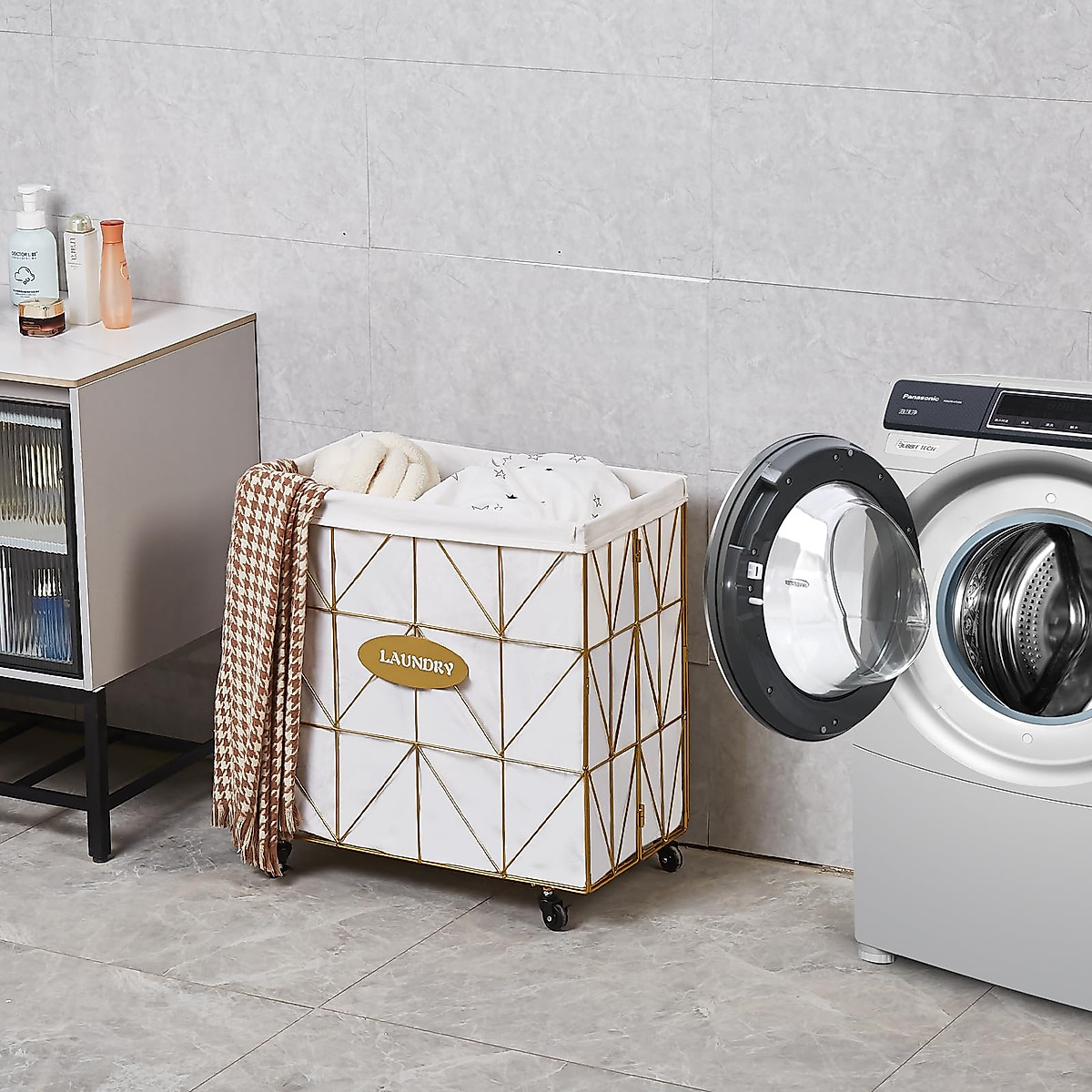 Mxfurhawa Laundry Hamper, Collapsible Laundry Basket Large Capacity 110L Metal Laundry Hamper with Removable Liner, Rolling Wheels and Collapsible Design for Clothes Storage and Organization (Gold)