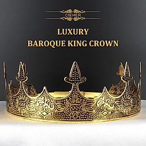 King Crown, CIEHER King Crowns for Men Baroque Royal Crown (Adjustable Size) Prom Crown Prince Tiara Evil Crown for Birthday King Halloween Cosplay Party Decorations, Alexander - Ancient Gold