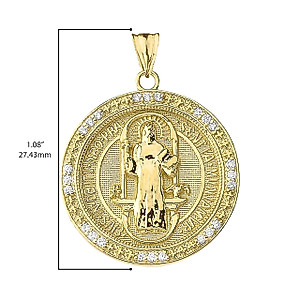 14K Yellow Gold 1/10 Cttw Diamond 1” Round Two Sided Saint Benedict Medal Pendant (J-K Color, I1-I2 Clarity)